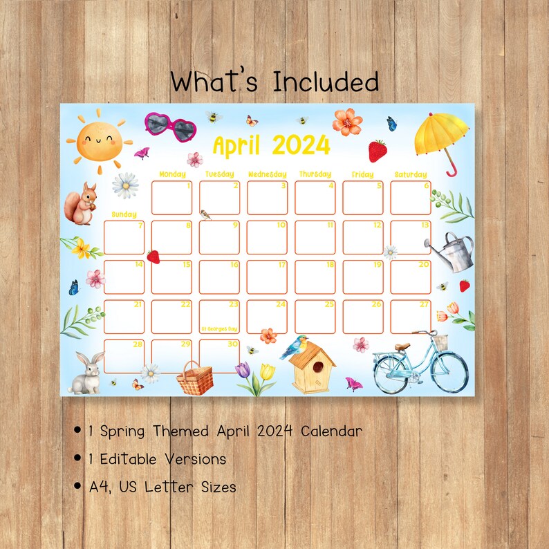 Printable April 2024 Calendar, Editable 2024 Calendar, Kids Spring ...