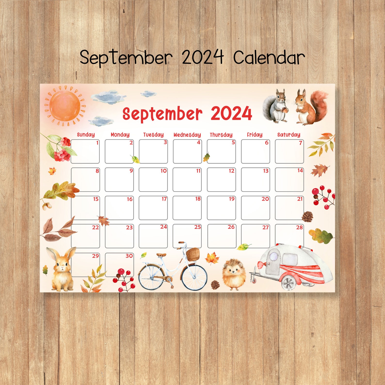 Printable September 2024 Calendar, Editable 2024 Calendar, Kids Spring ...