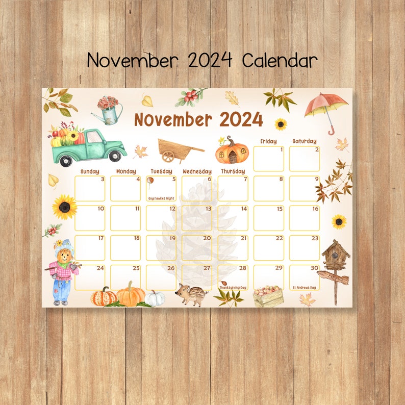 Printable November 2024 Calendar, Watercolour 2024 Calendar, Kids ...