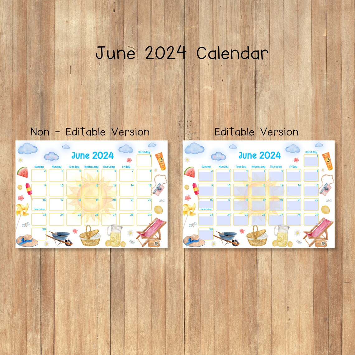 2024 June Printable Calendars, Printable Kids Calendar Pack, Watercolor ...