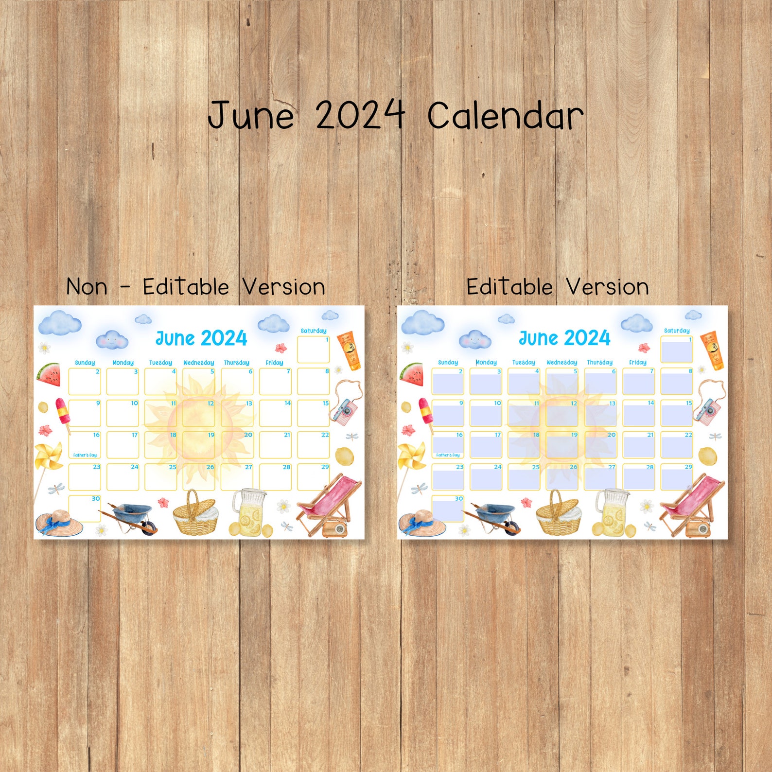 2024 June Printable Calendars, Printable Kids Calendar Pack, Watercolor ...