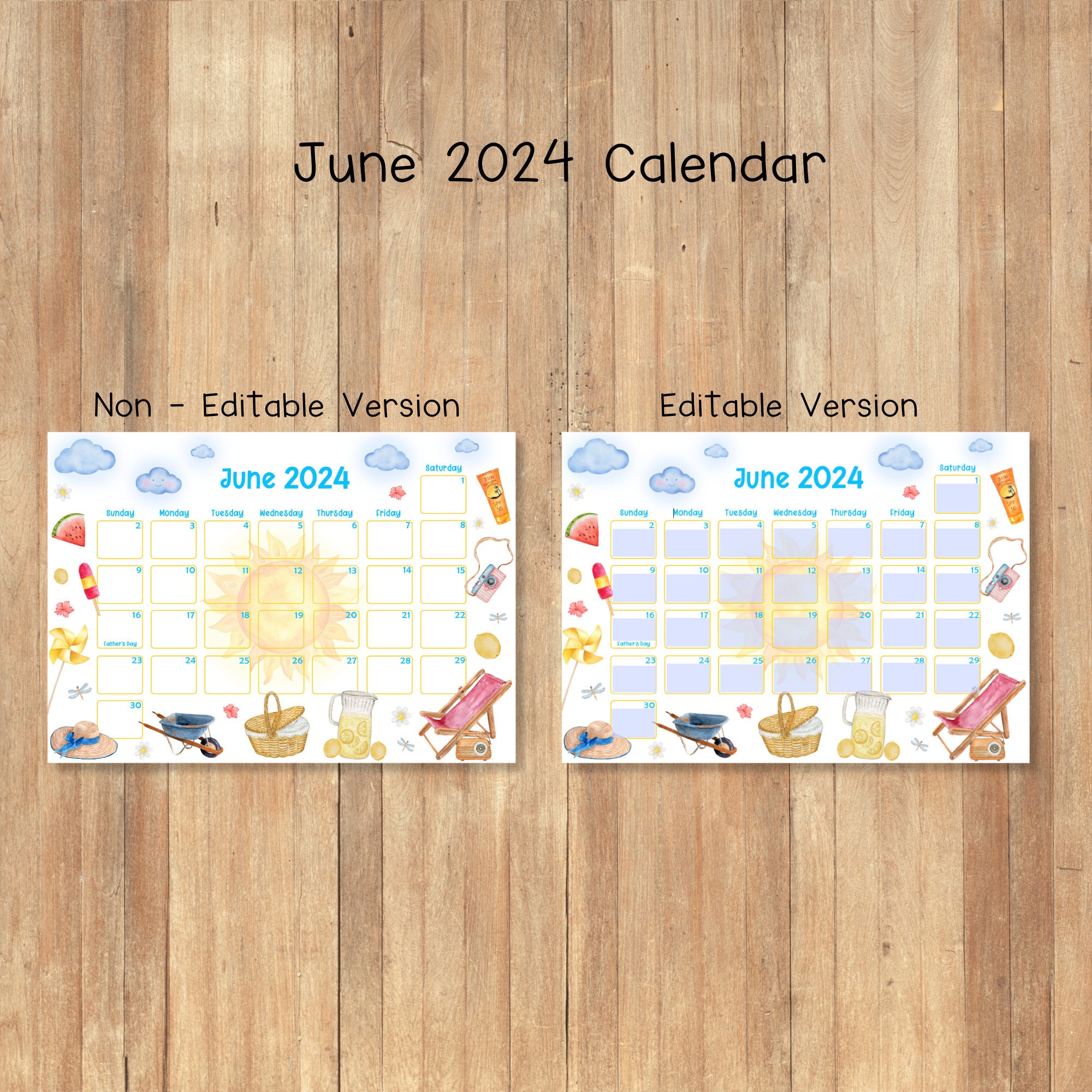 2024 June Printable Calendars, Printable Kids Calendar Pack, Watercolor ...