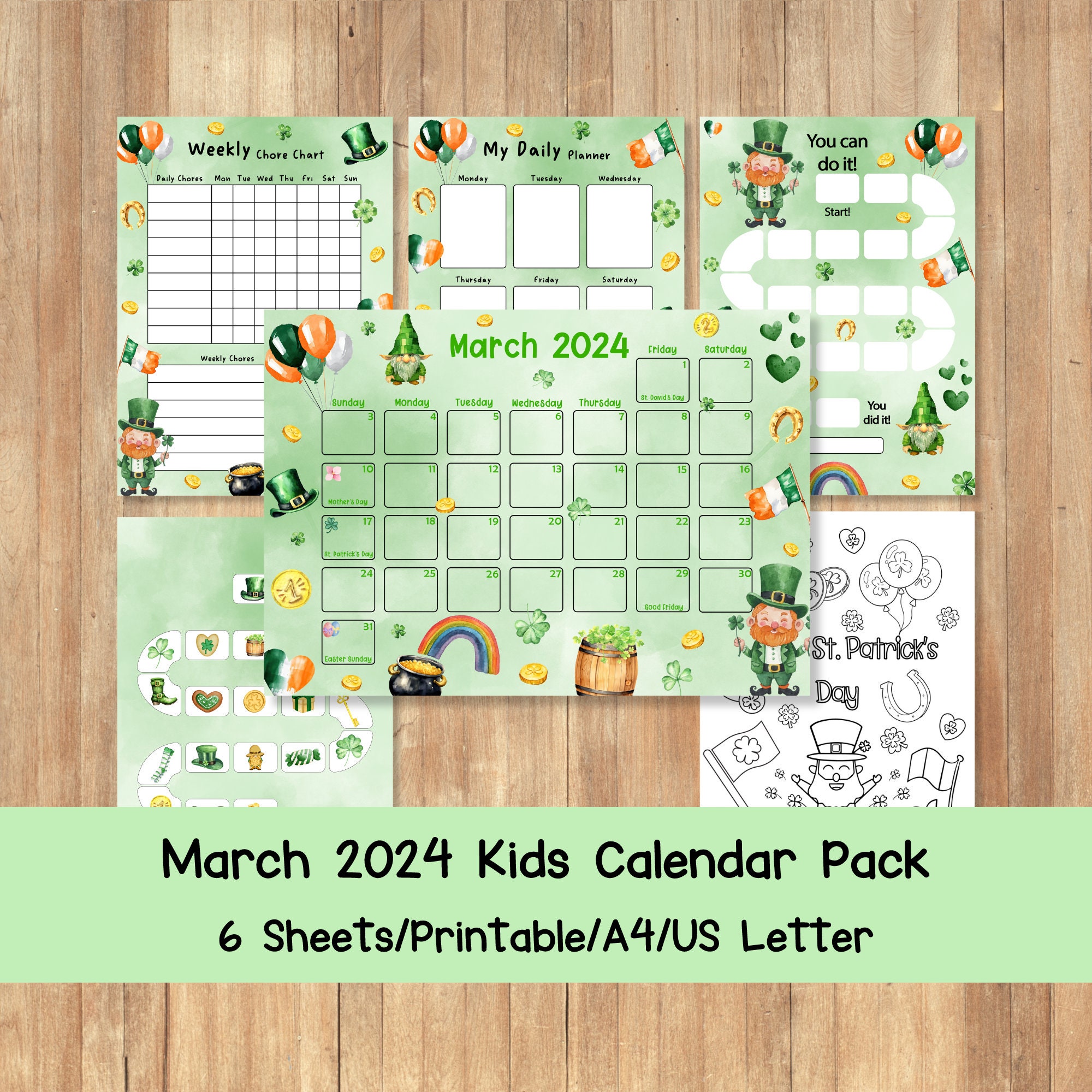 2024 Printable Calendars, Printable Kids Calendar Pack, Watercolor ...