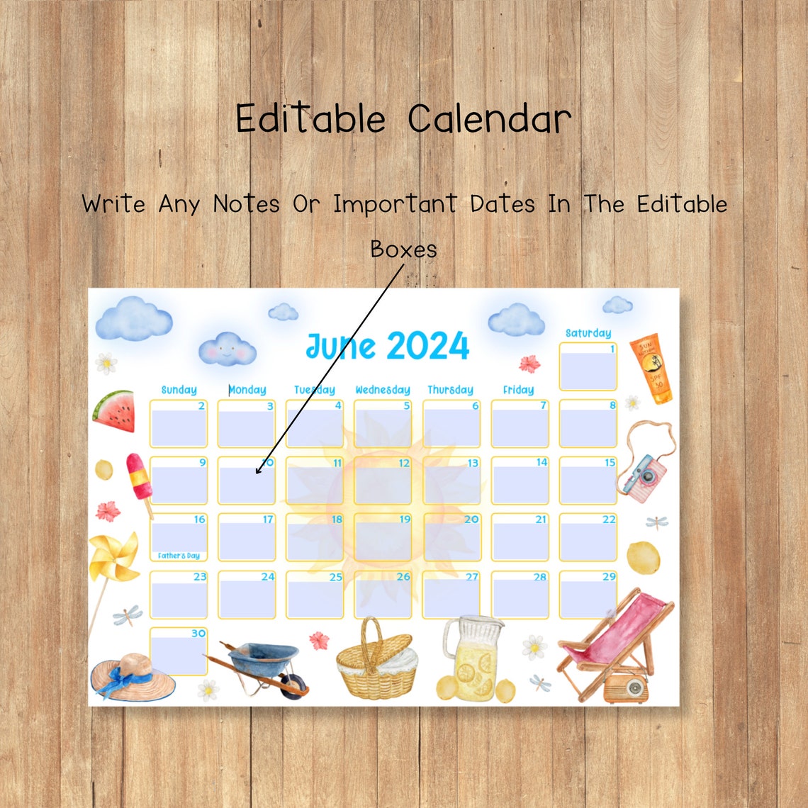 2024 June Printable Calendars, Printable Kids Calendar Pack, Watercolor ...