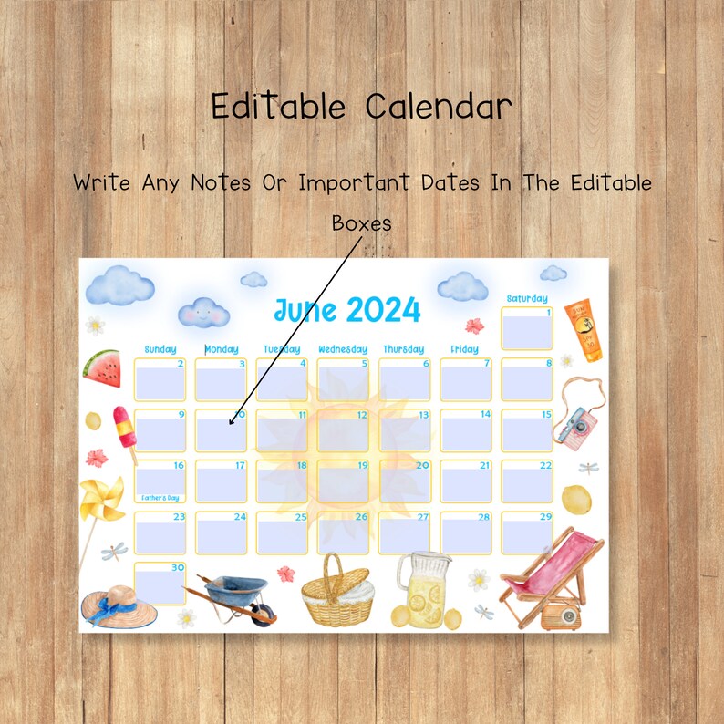 2024 June Printable Calendars, Printable Kids Calendar Pack, Watercolor ...
