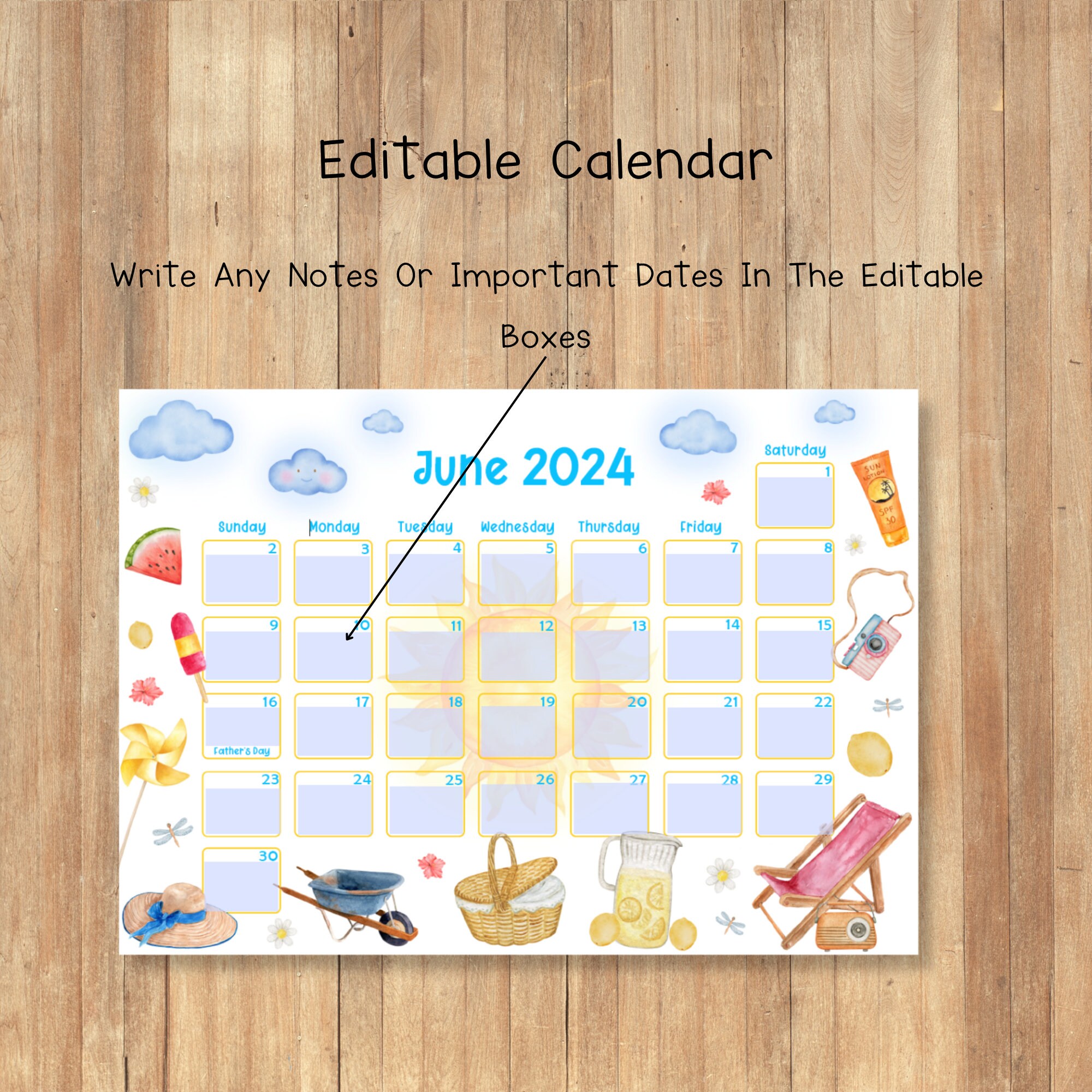 2024 June Printable Calendars, Printable Kids Calendar Pack, Watercolor ...