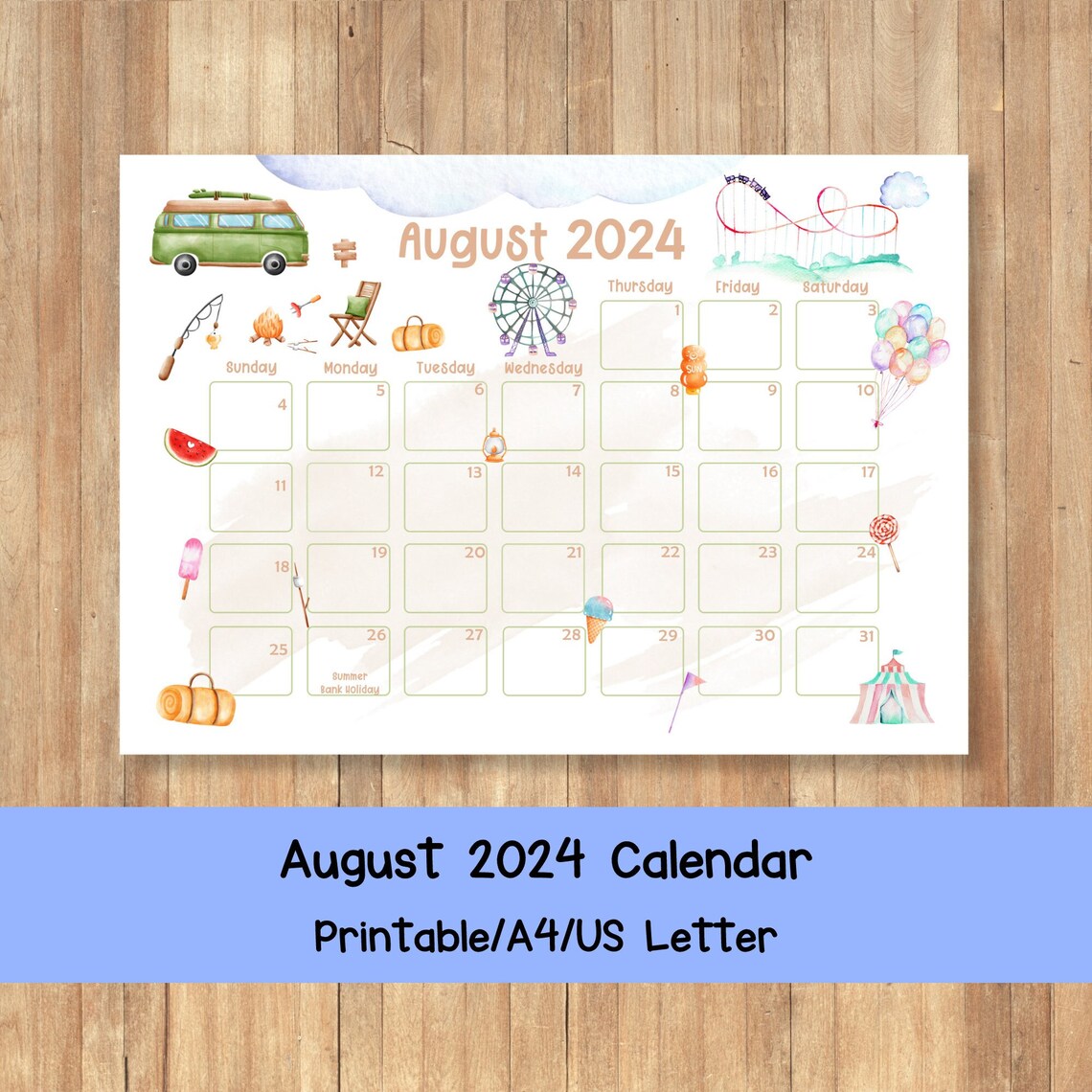 Printable August 2024 Calendar, Editable 2024 Calendar, Kids Spring ...