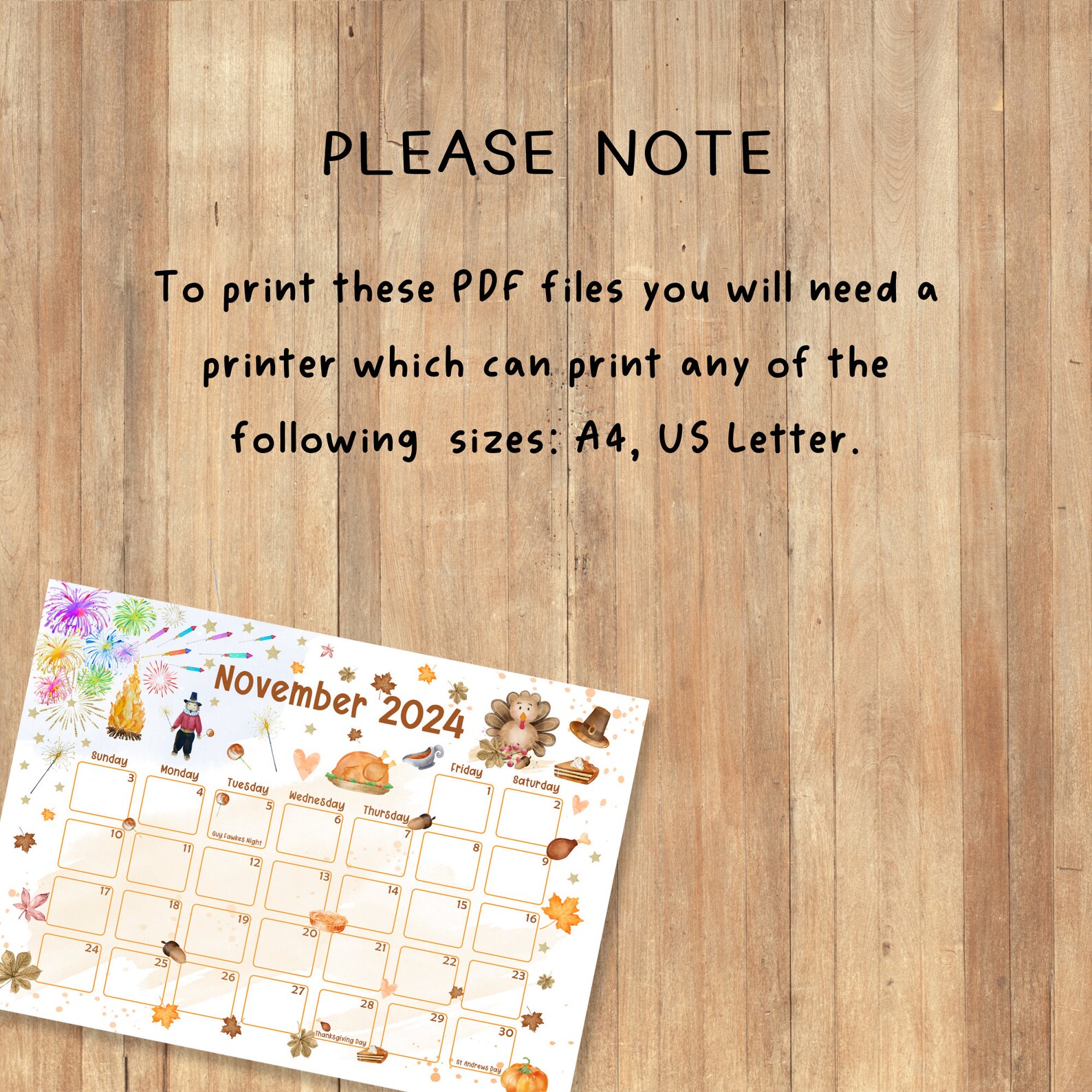 Printable November 2024 Calendar, Watercolour 2024 Calendar, Kids ...