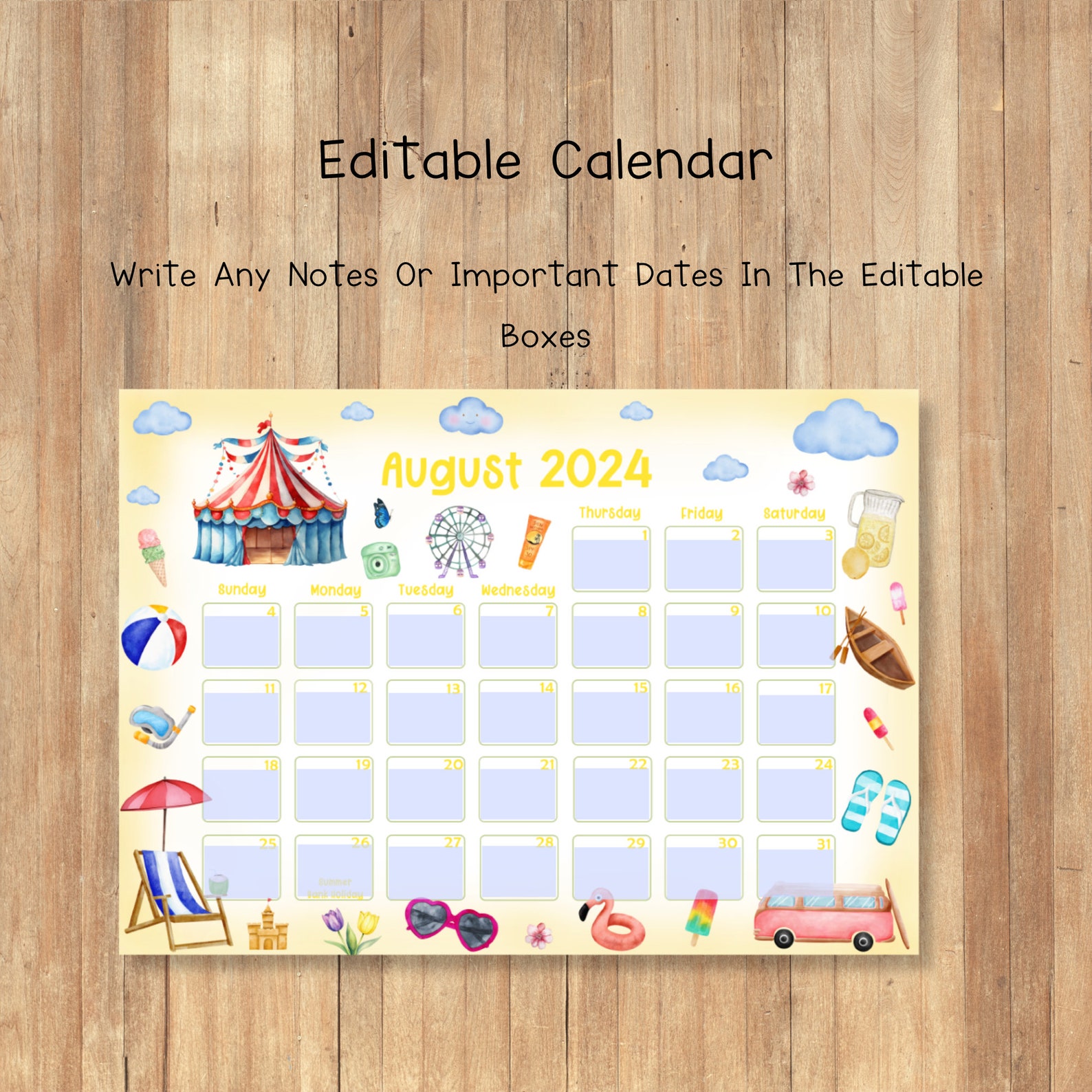 Printable August 2024 Calendar, Editable 2024 Calendar, Kids Spring ...