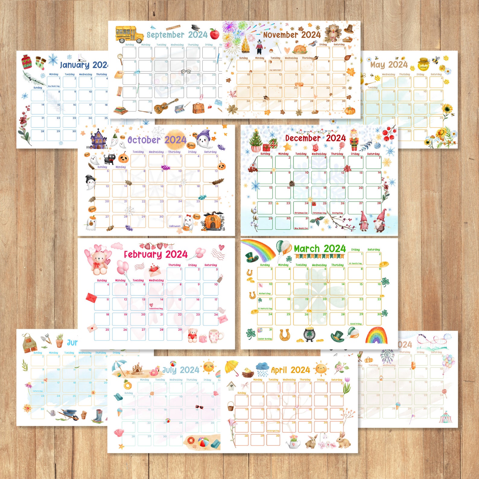 2024 Printable Calendars, Printable Kids Calendars, Watercolor ...