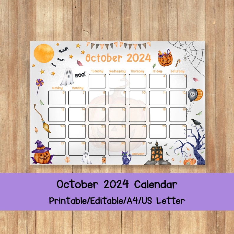 Printable October 2024 Calendar, Watercolour 2024 Calendar, Kids Spring ...