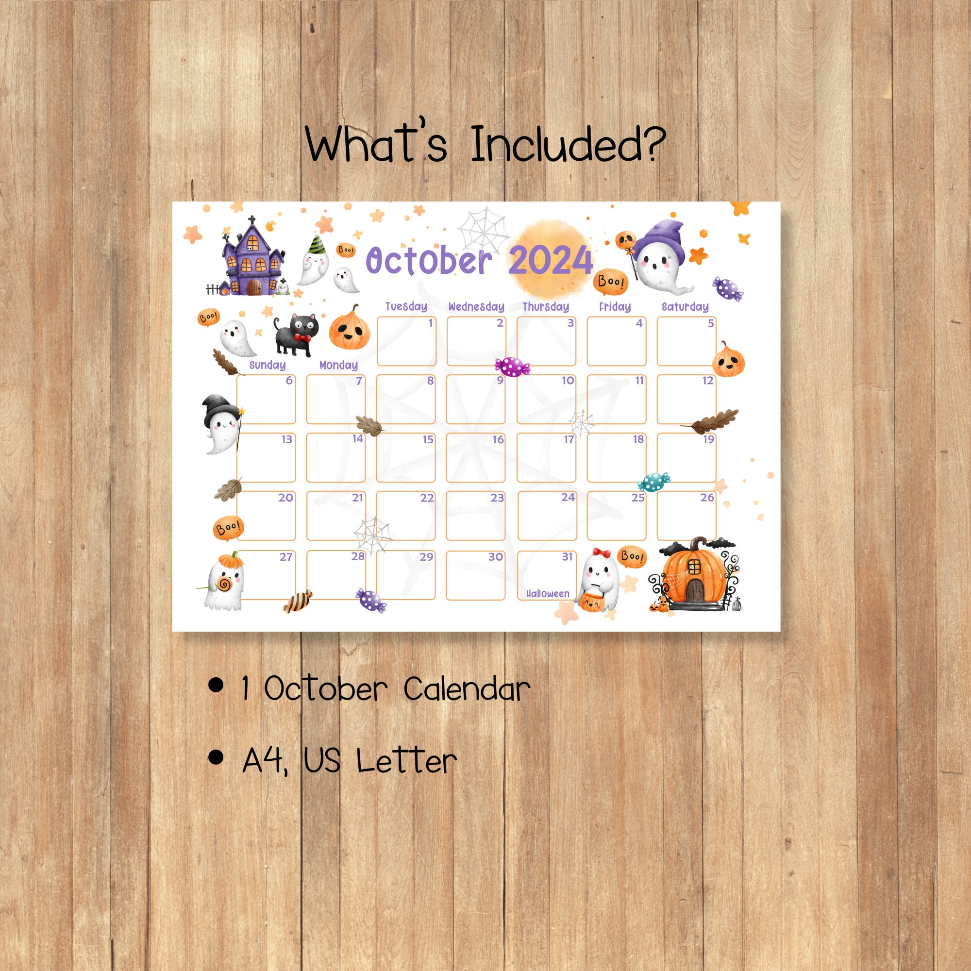 Printable October 2024 Calendar, Watercolour 2024 Calendar, Kids Spring ...