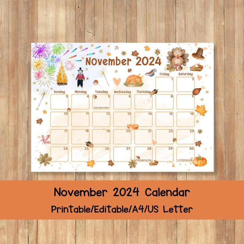 Printable November 2024 Calendar, Watercolour 2024 Calendar, Kids ...