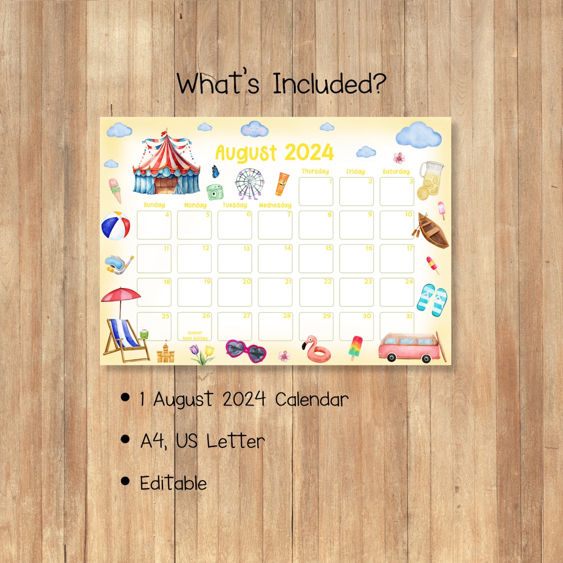 Printable August 2024 Calendar, Editable 2024 Calendar, Kids Spring ...