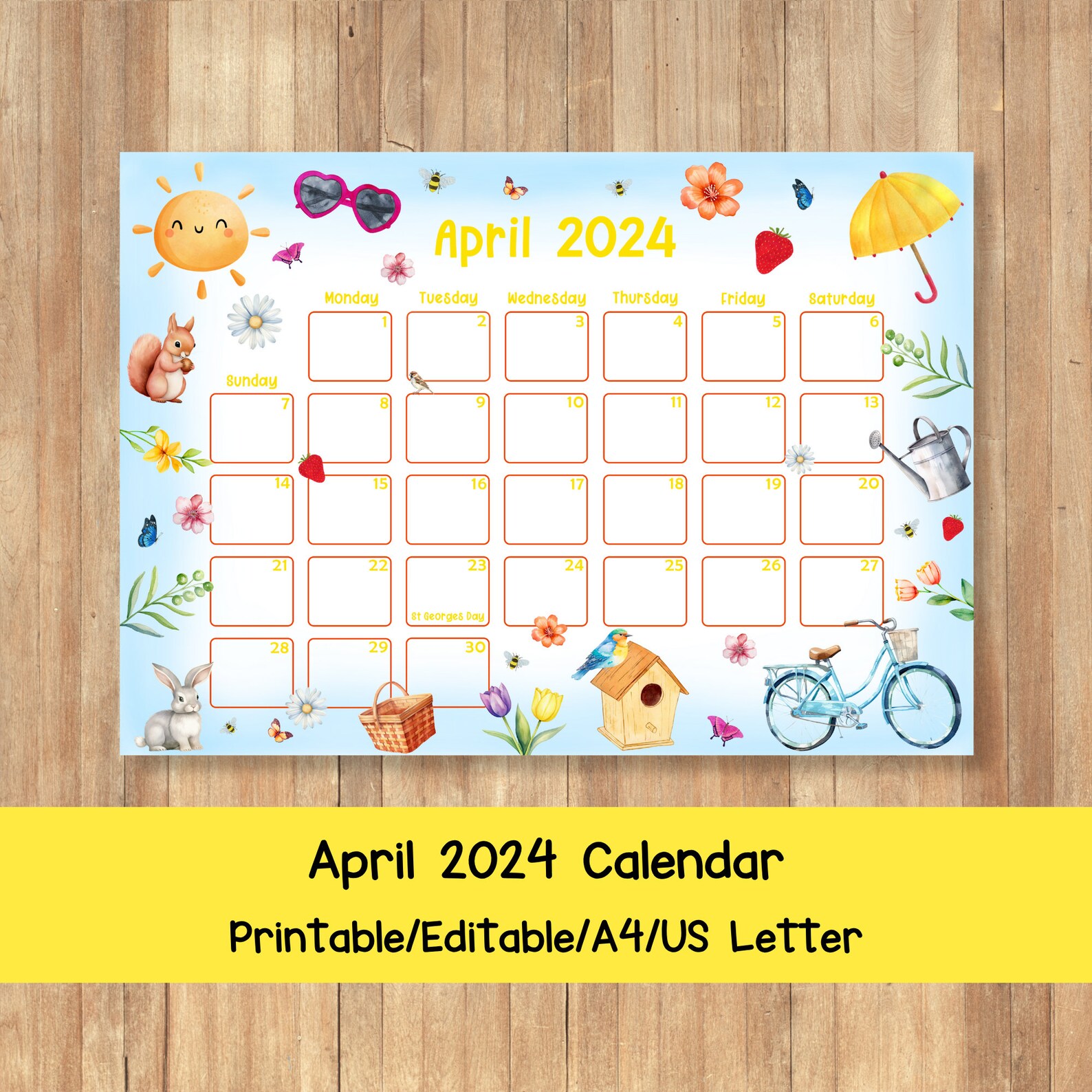Printable April 2024 Calendar, Editable 2024 Calendar, Kids Spring ...