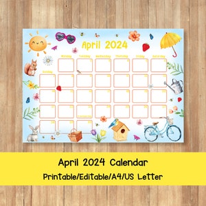 Printable April 2024 Calendar, Editable 2024 Calendar, Kids Spring ...