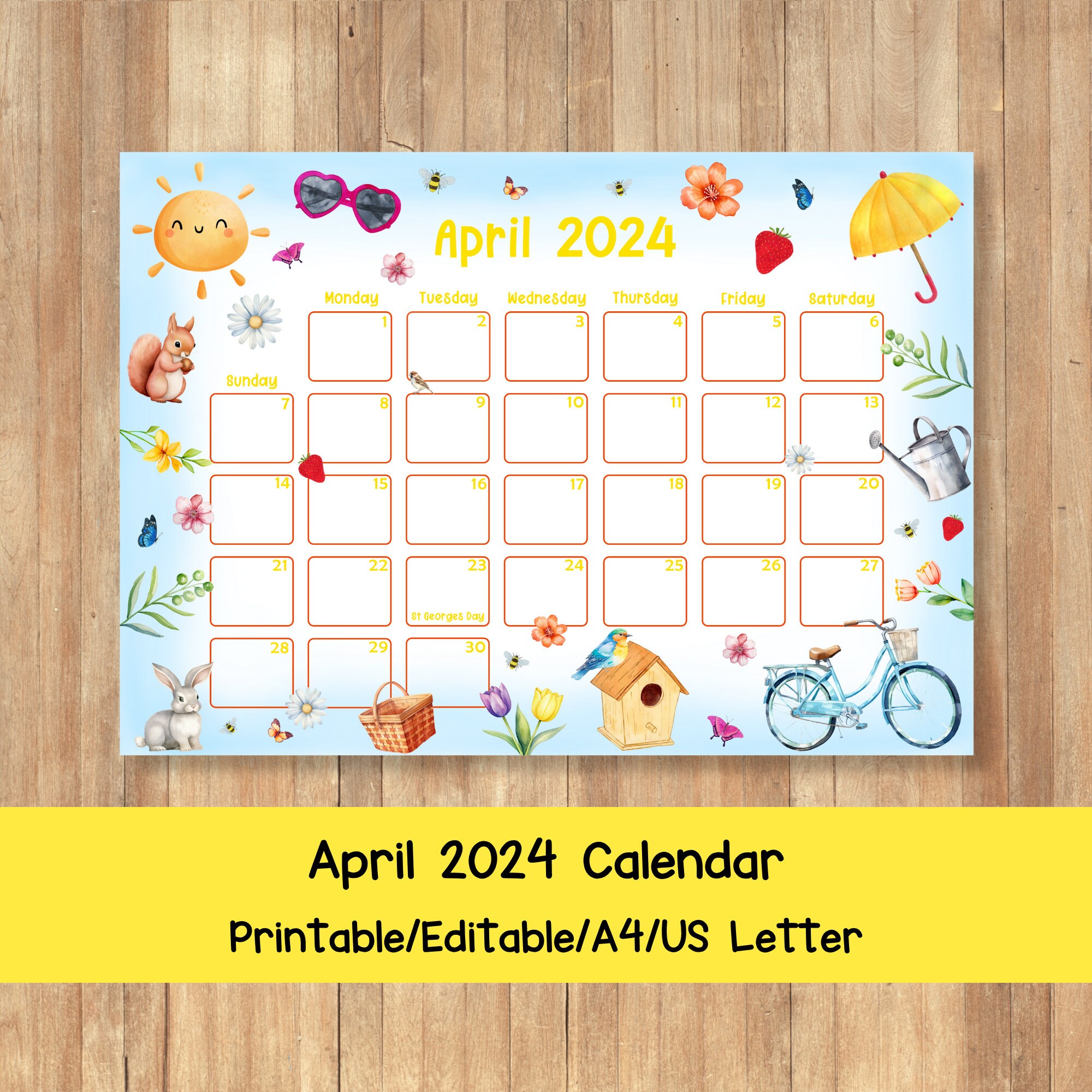 Printable April 2024 Calendar, Editable 2024 Calendar, Kids Spring ...