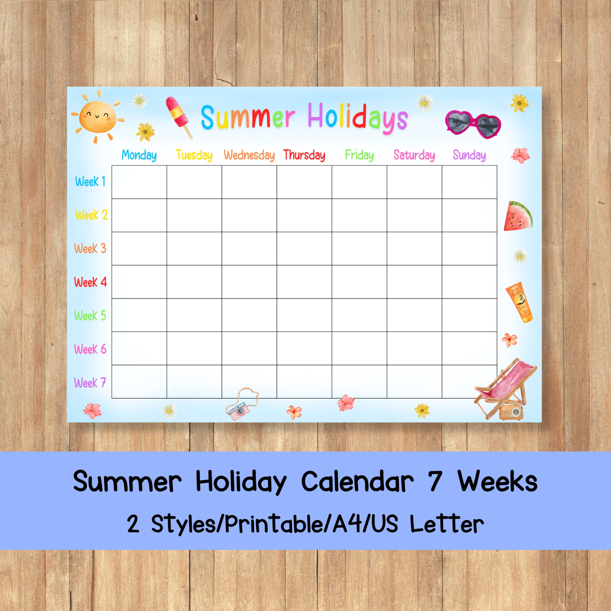 Printable Summer Holiday Planner, Kids Summer Holiday Calendar, Summer ...