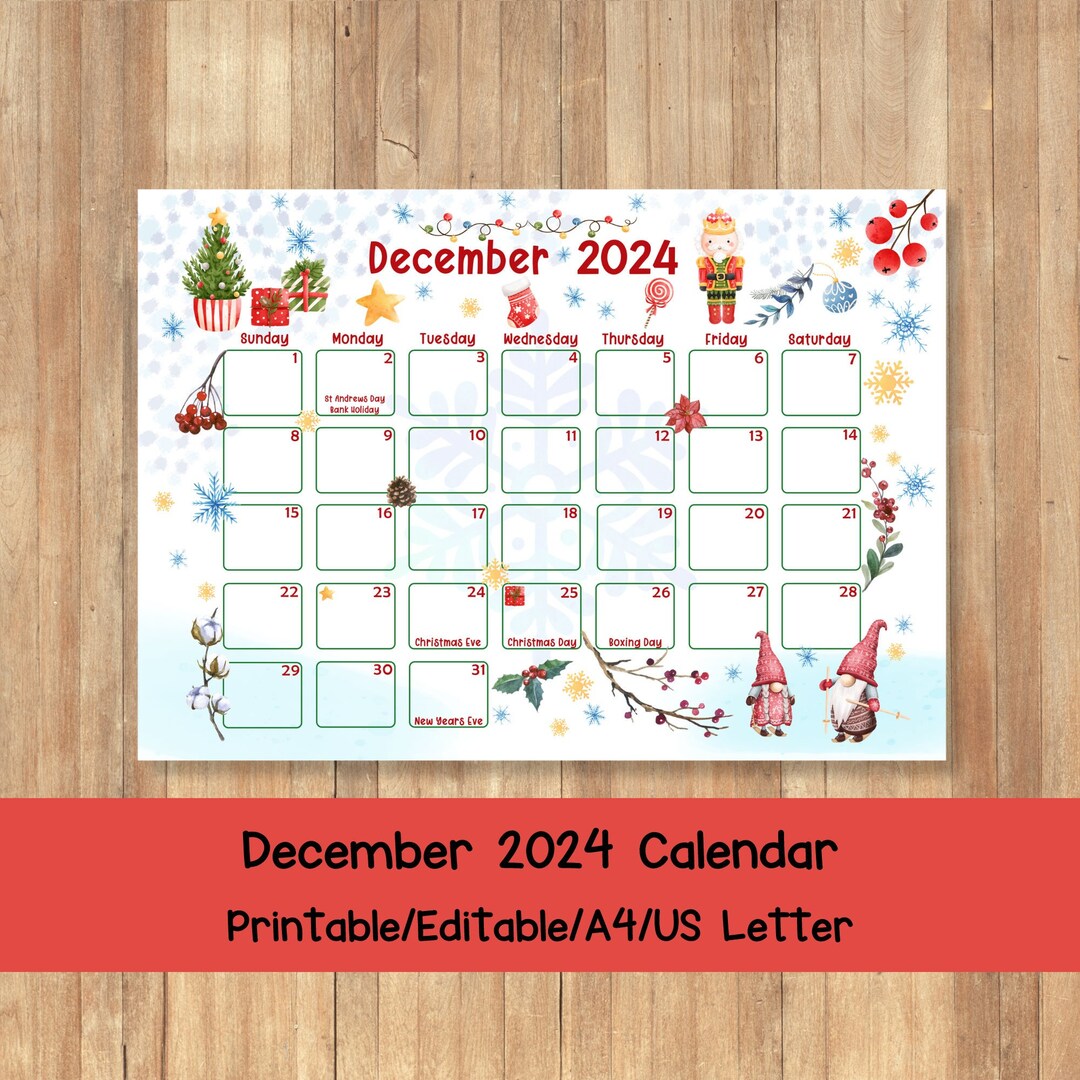 Printable December 2024 Calendar, Watercolour 2024 Calendar, Kids ...