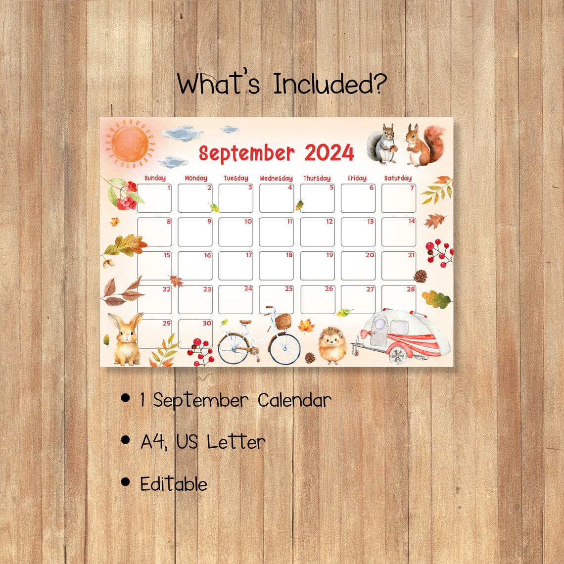 Printable September 2024 Calendar, Editable 2024 Calendar, Kids Spring ...