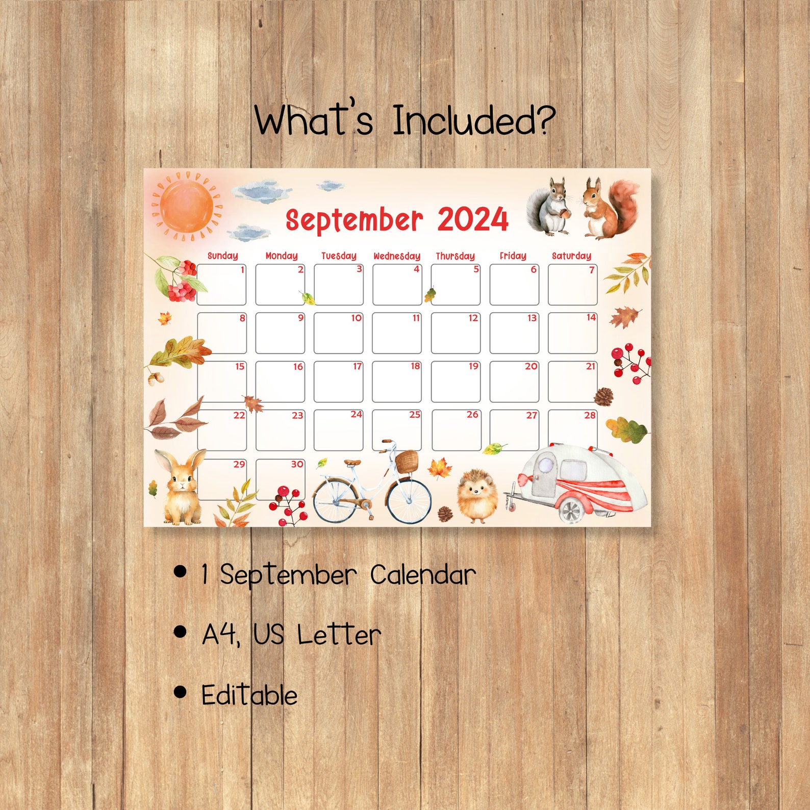 Printable September 2024 Calendar, Editable 2024 Calendar, Kids Spring ...