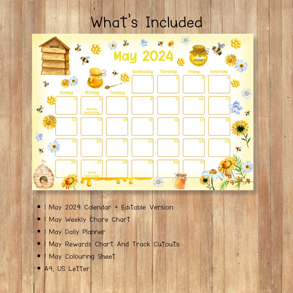 2024 May Printable Calendars, Printable Kids Calendar Pack, Watercolor ...