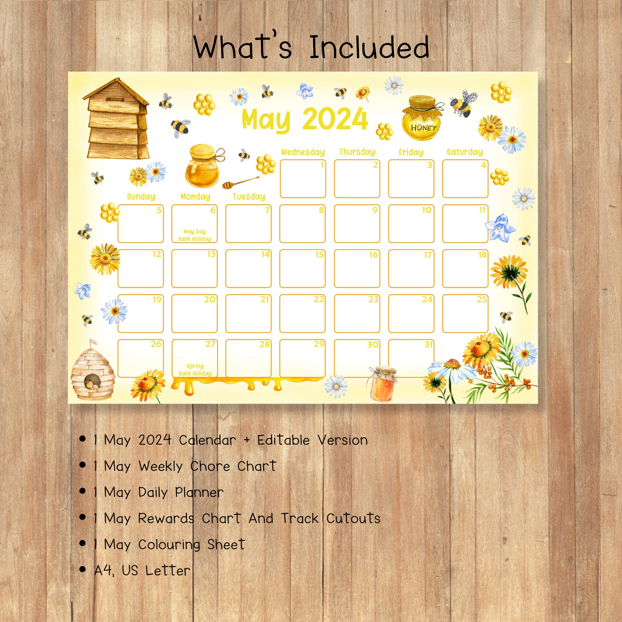 2024 May Printable Calendars, Printable Kids Calendar Pack, Watercolor ...