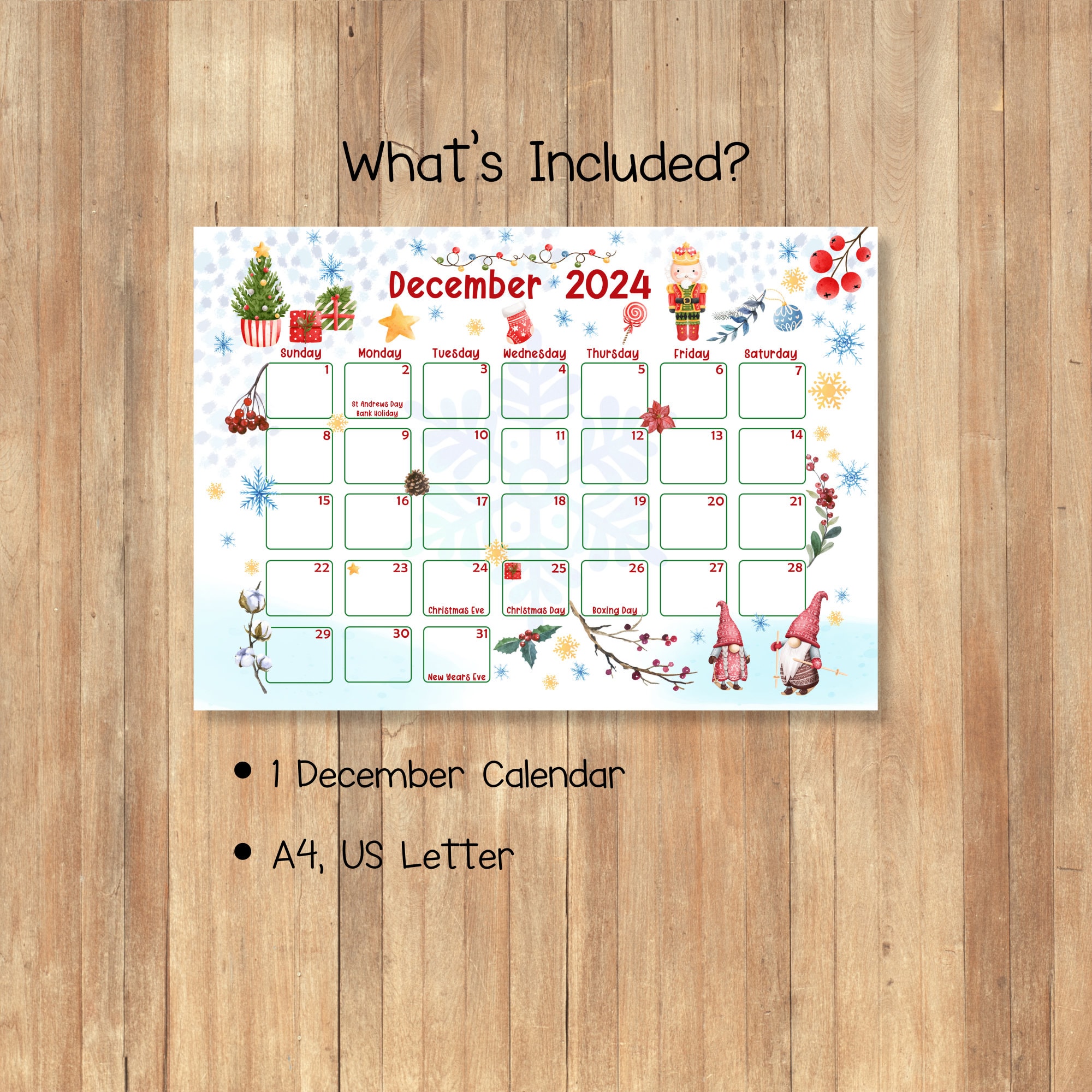 Printable December 2024 Calendar, Watercolour 2024 Calendar, Kids ...