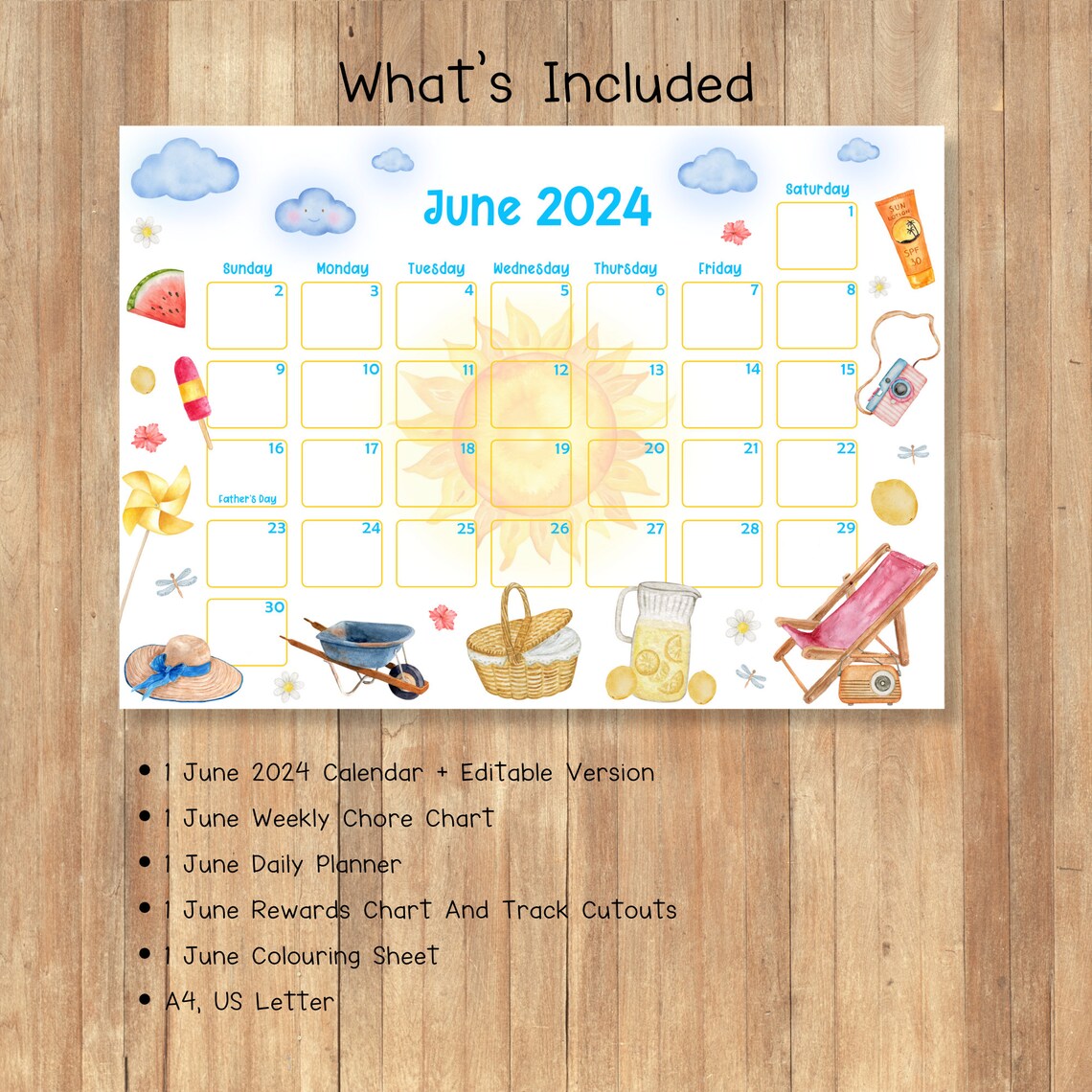 2024 June Printable Calendars, Printable Kids Calendar Pack, Watercolor ...