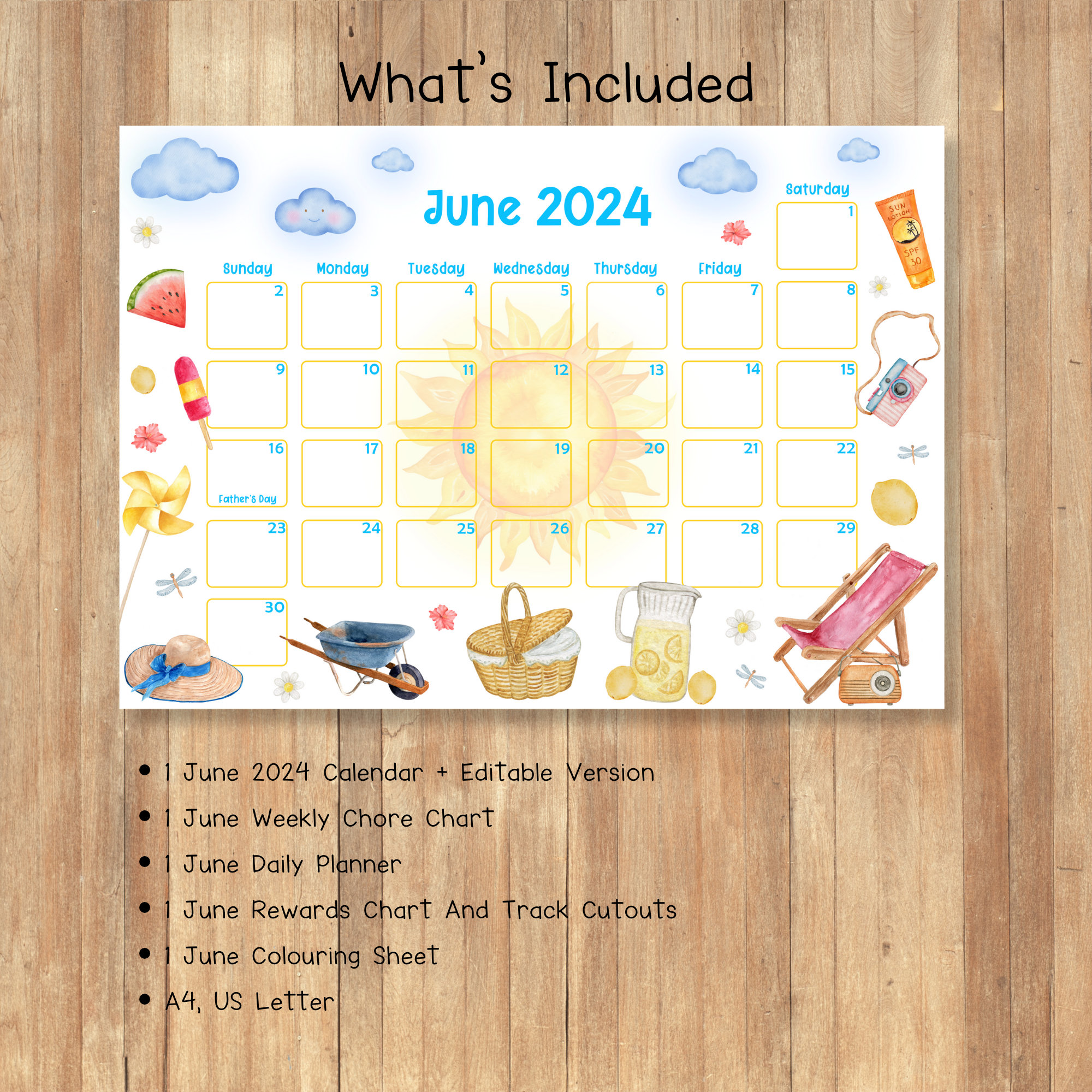2024 June Printable Calendars, Printable Kids Calendar Pack, Watercolor ...