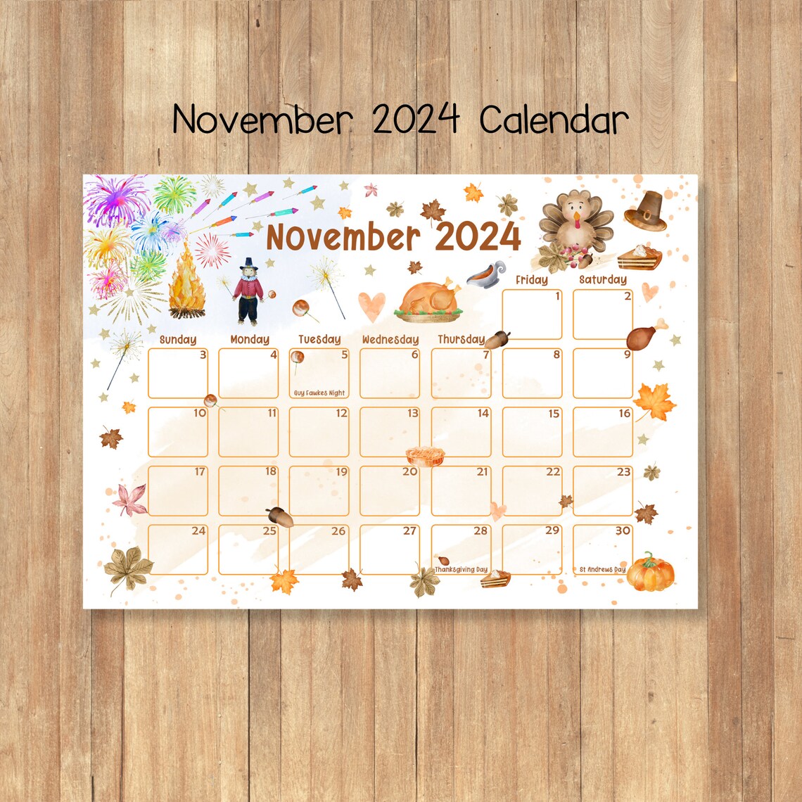 Printable November 2024 Calendar, Watercolour 2024 Calendar, Kids ...