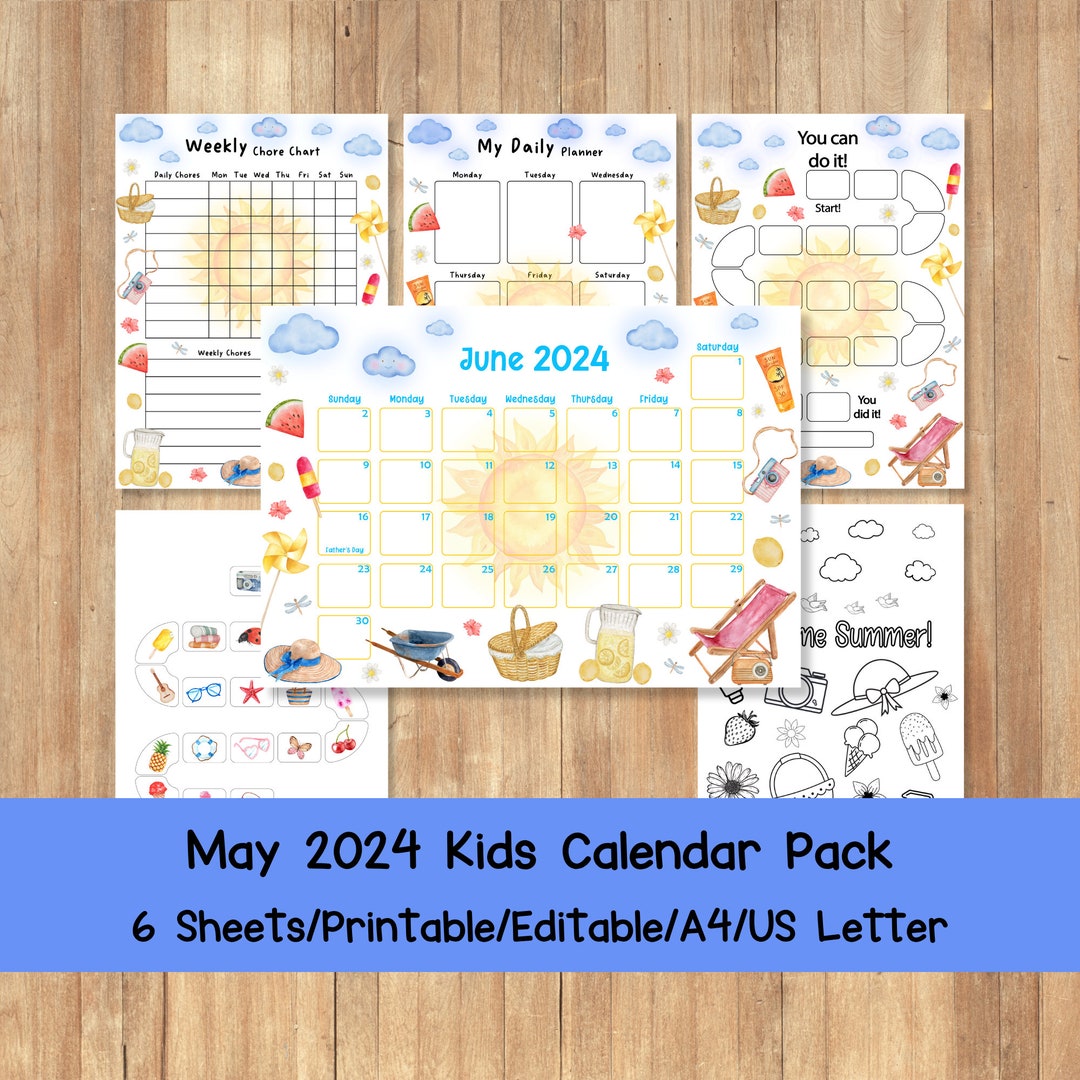 2024 June Printable Calendars, Printable Kids Calendar Pack, Watercolor ...