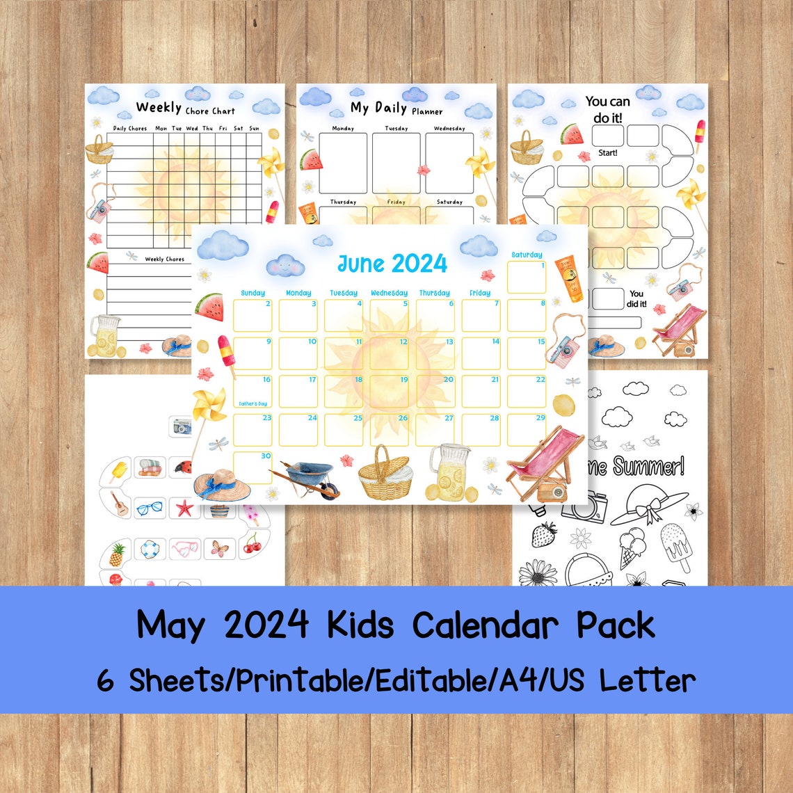 2024 June Printable Calendars, Printable Kids Calendar Pack, Watercolor ...