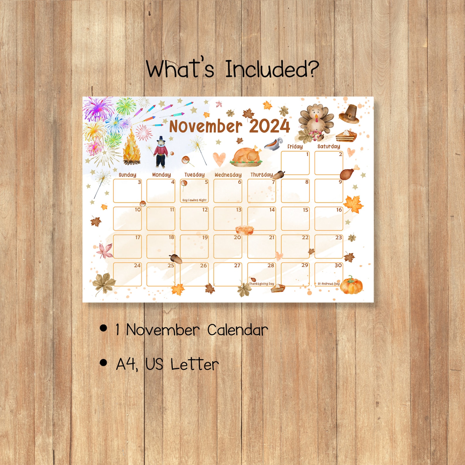Printable November 2024 Calendar, Watercolour 2024 Calendar, Kids ...