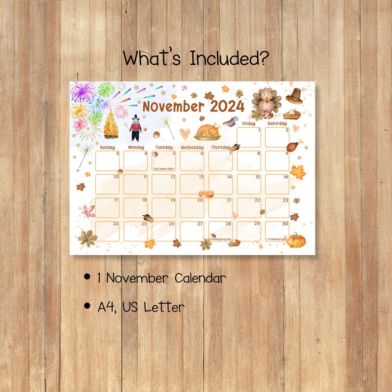Printable November 2024 Calendar, Watercolour 2024 Calendar, Kids ...