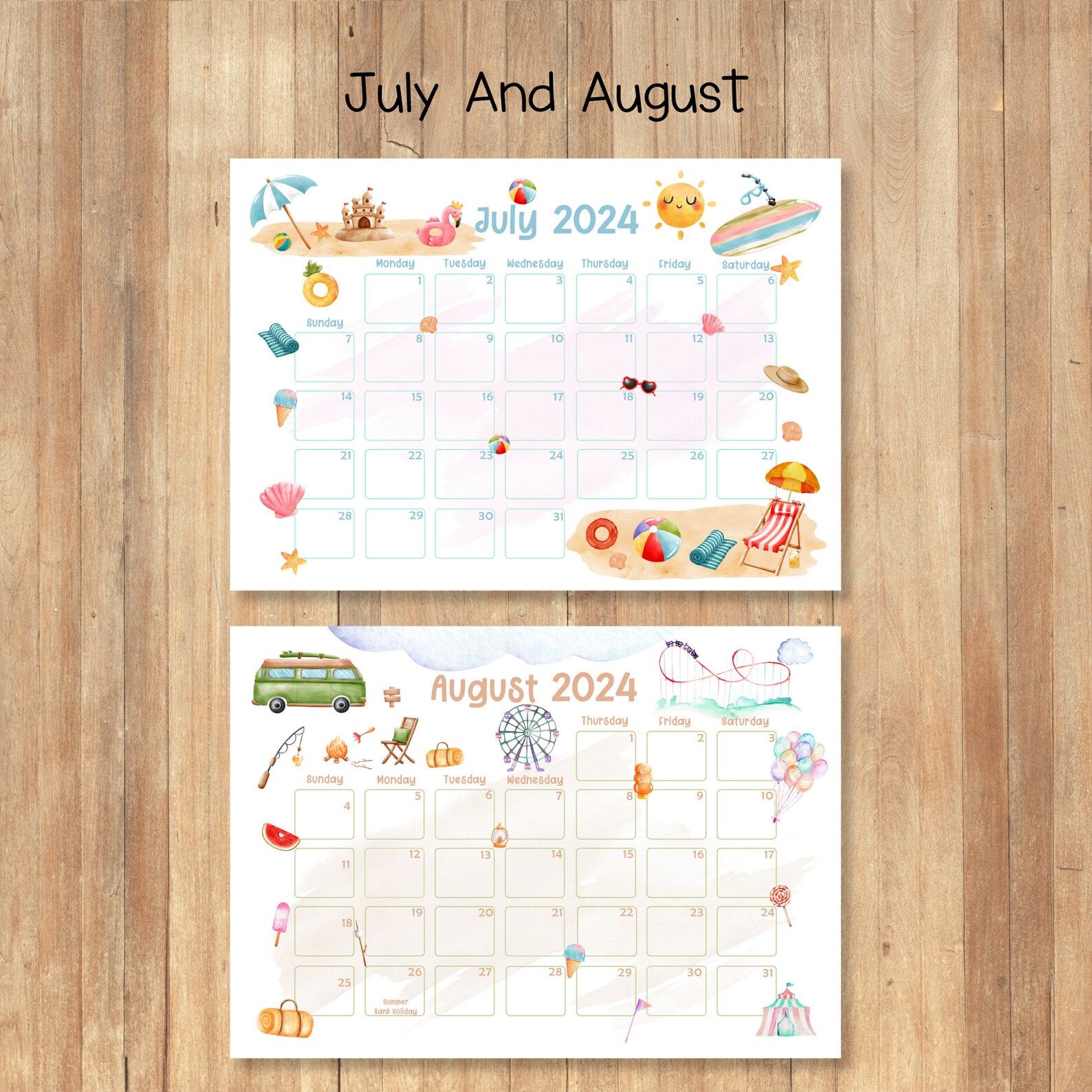 2024 Printable Calendars, Printable Kids Calendars, Watercolor ...