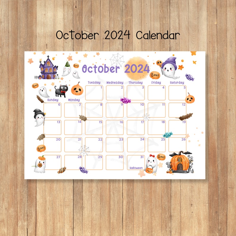 Printable October 2024 Calendar, Watercolour 2024 Calendar, Kids Spring ...