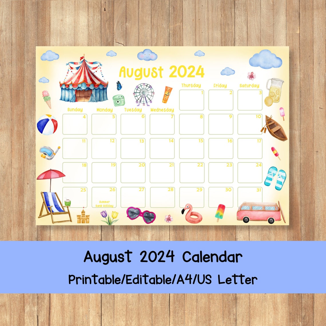 Printable August 2024 Calendar, Editable 2024 Calendar, Kids Spring ...