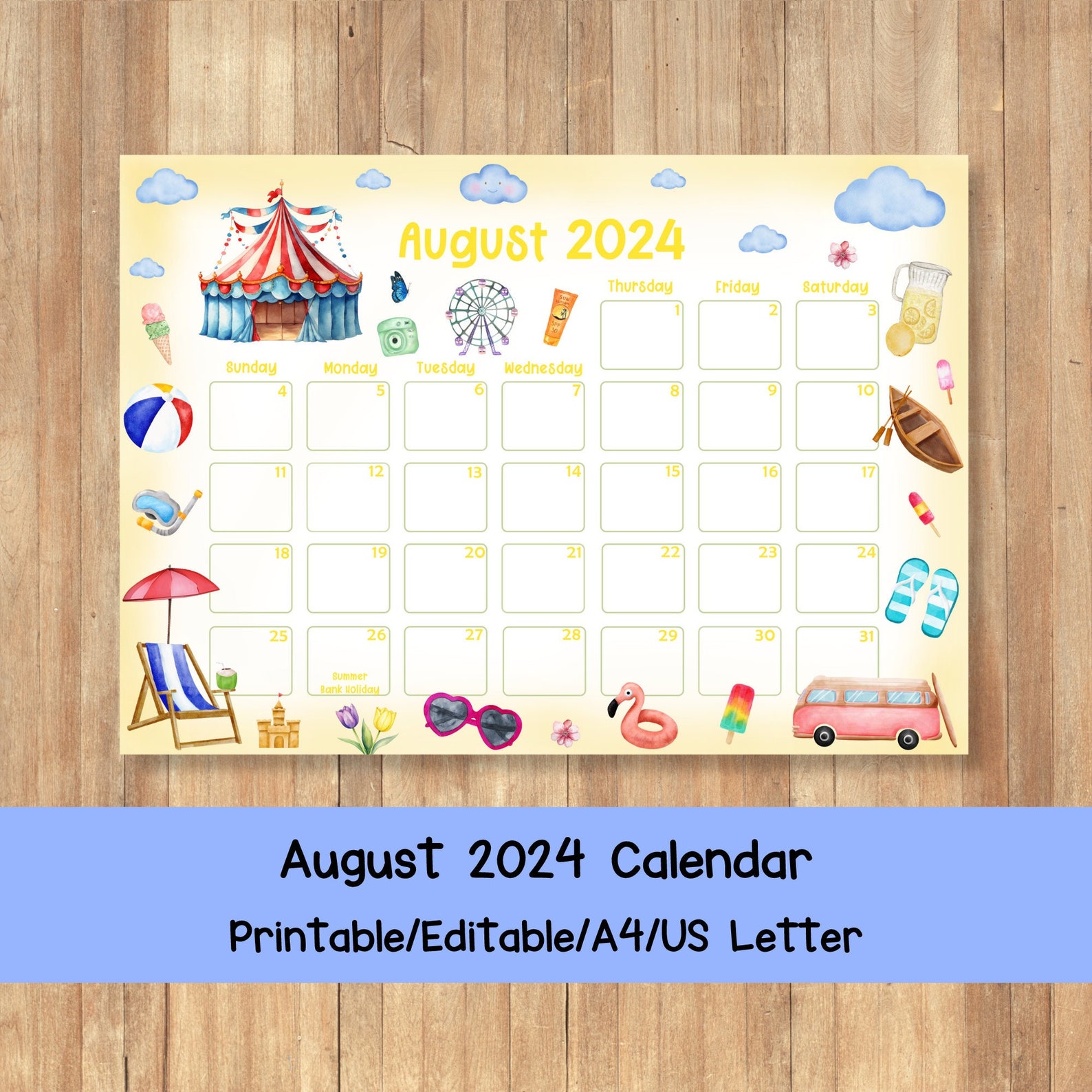 Printable August 2024 Calendar, Editable 2024 Calendar, Kids Spring ...