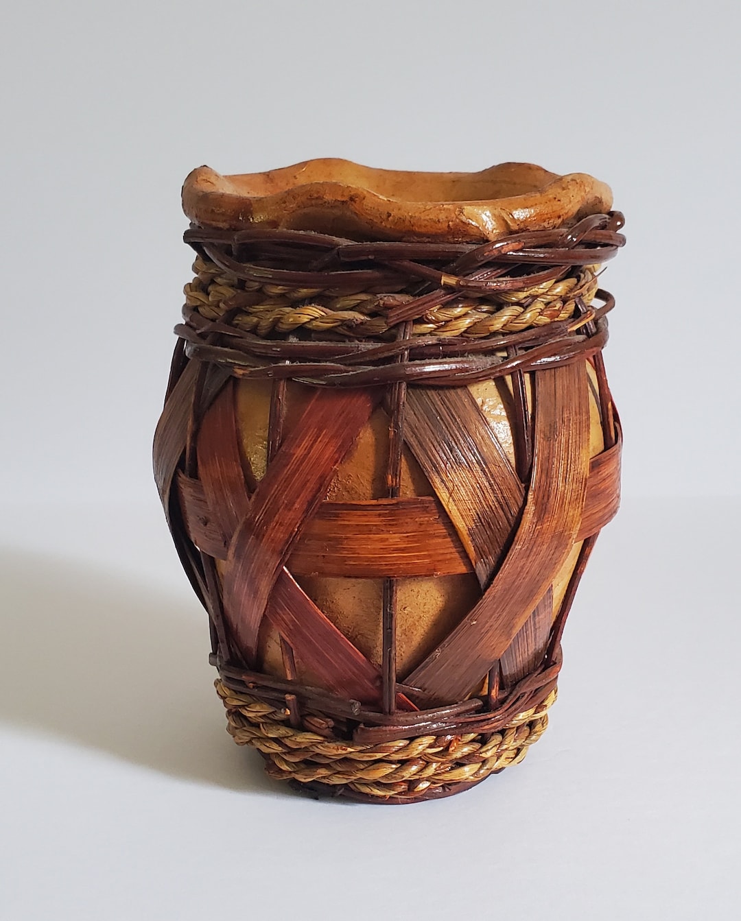 Vintage Wicker Rattan Wrapped Clay Vase/pot - Etsy