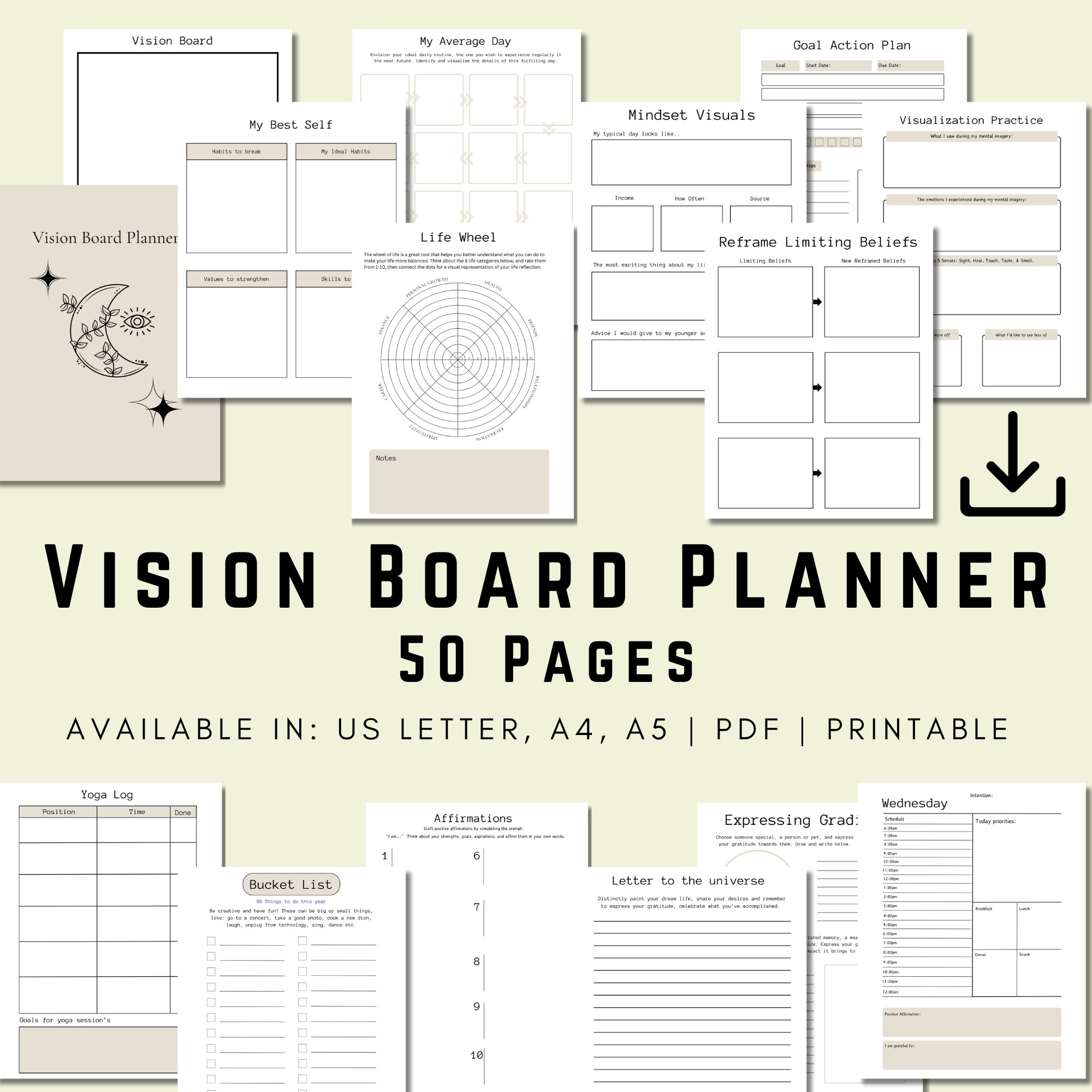 2027 Vision Board Printable, Manifestation and Law of Attraction, Yoga ...