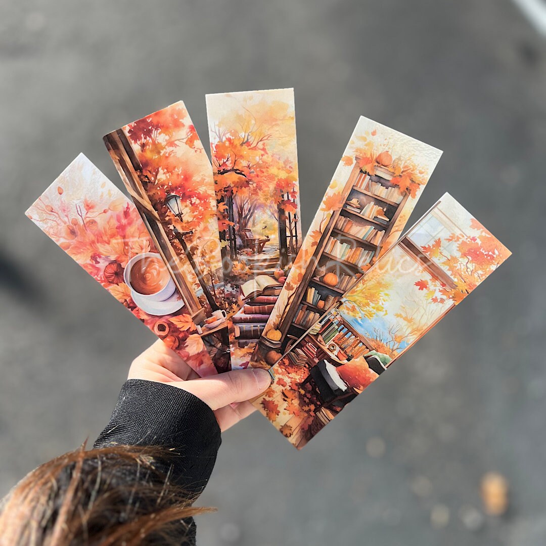 Autumn Bookmarks, Fall Book Marks, Coffee Bookmark, Bookshelf Bookmark ...