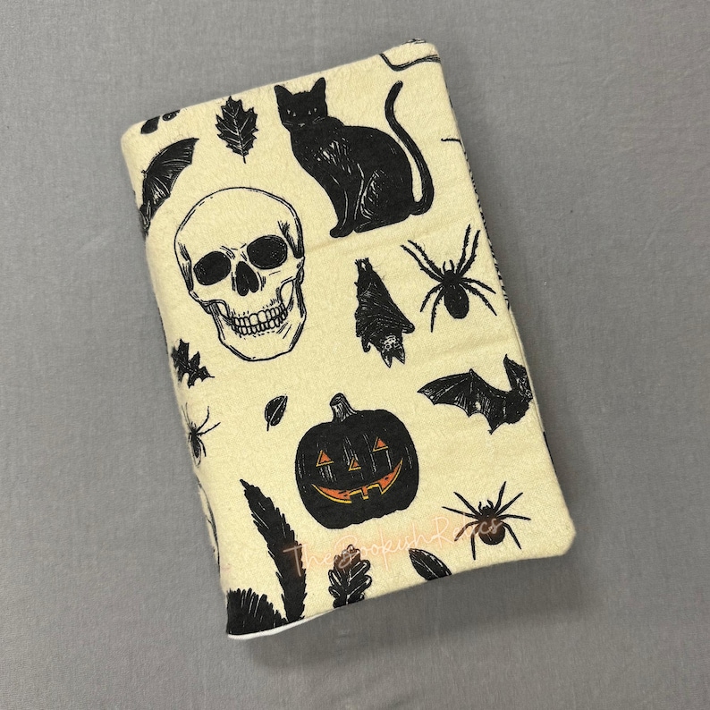 Spooky Book Sleeve, Halloween Black Cat & Skull Cotton Book Cover - Etsy