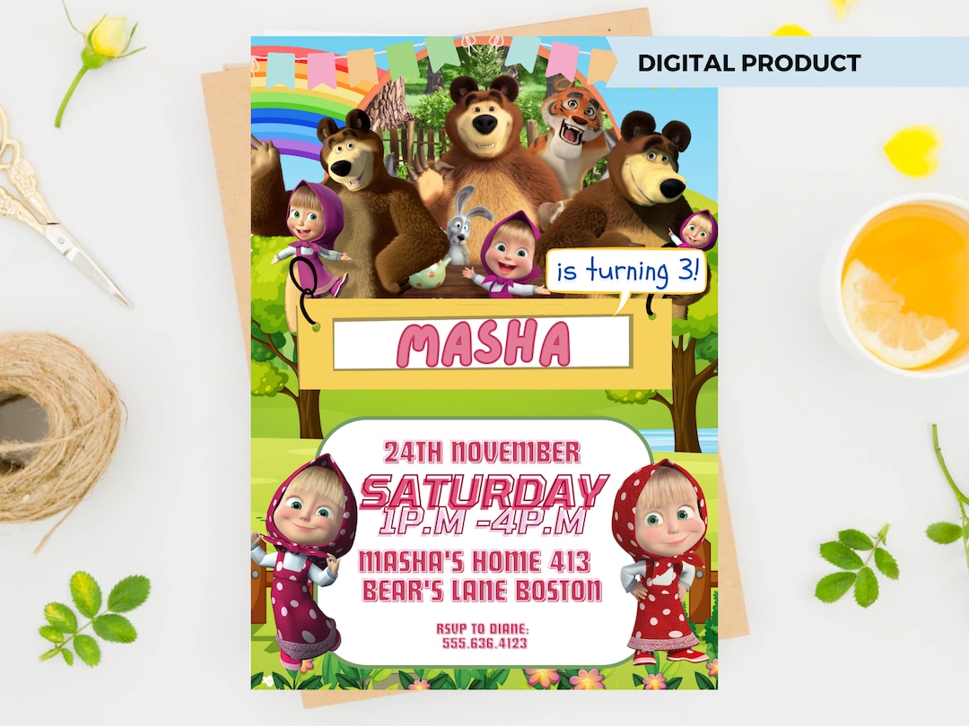 Masha and the Bear Birthday Invitation, Masha and the Bear Party Invite ...