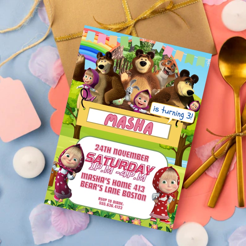 Masha and the Bear Birthday Invitation, Masha and the Bear Party Invite ...
