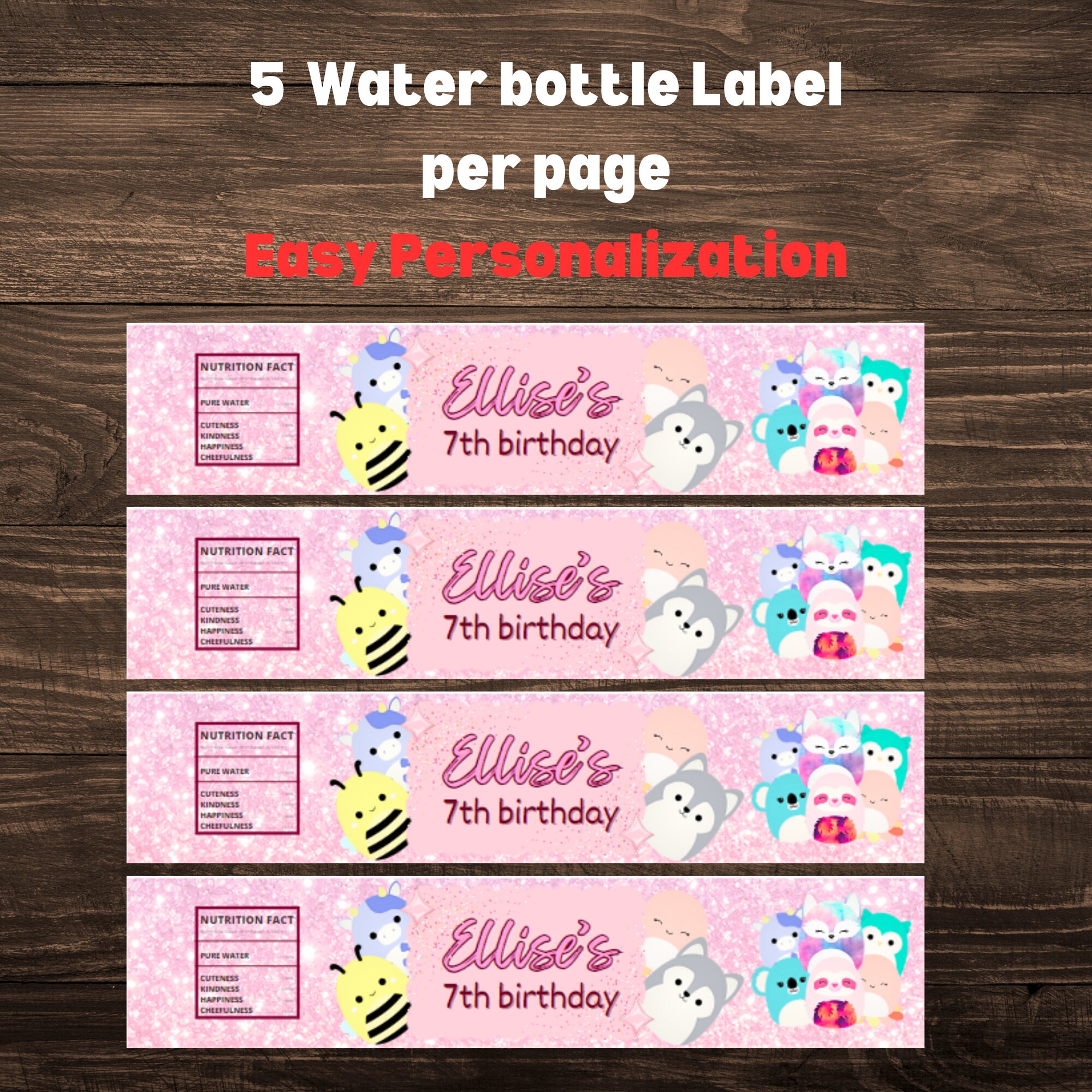 Cute Squish Water Bottle Labels, Squish Birthday Party Favors, Girls ...