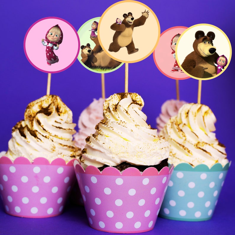 Masha and the Bear Cupcake Toppers Masha and the Bear Party Happy Birthday Cupcake Toppers for ...