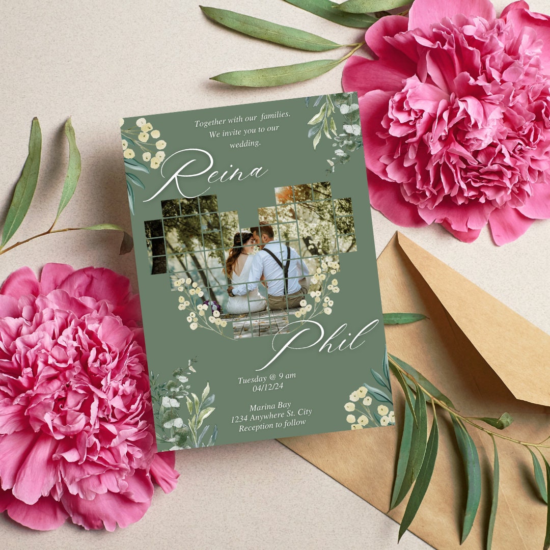 Sage Green Digital Wedding Invitation With Photo, Wedding Invitation ...