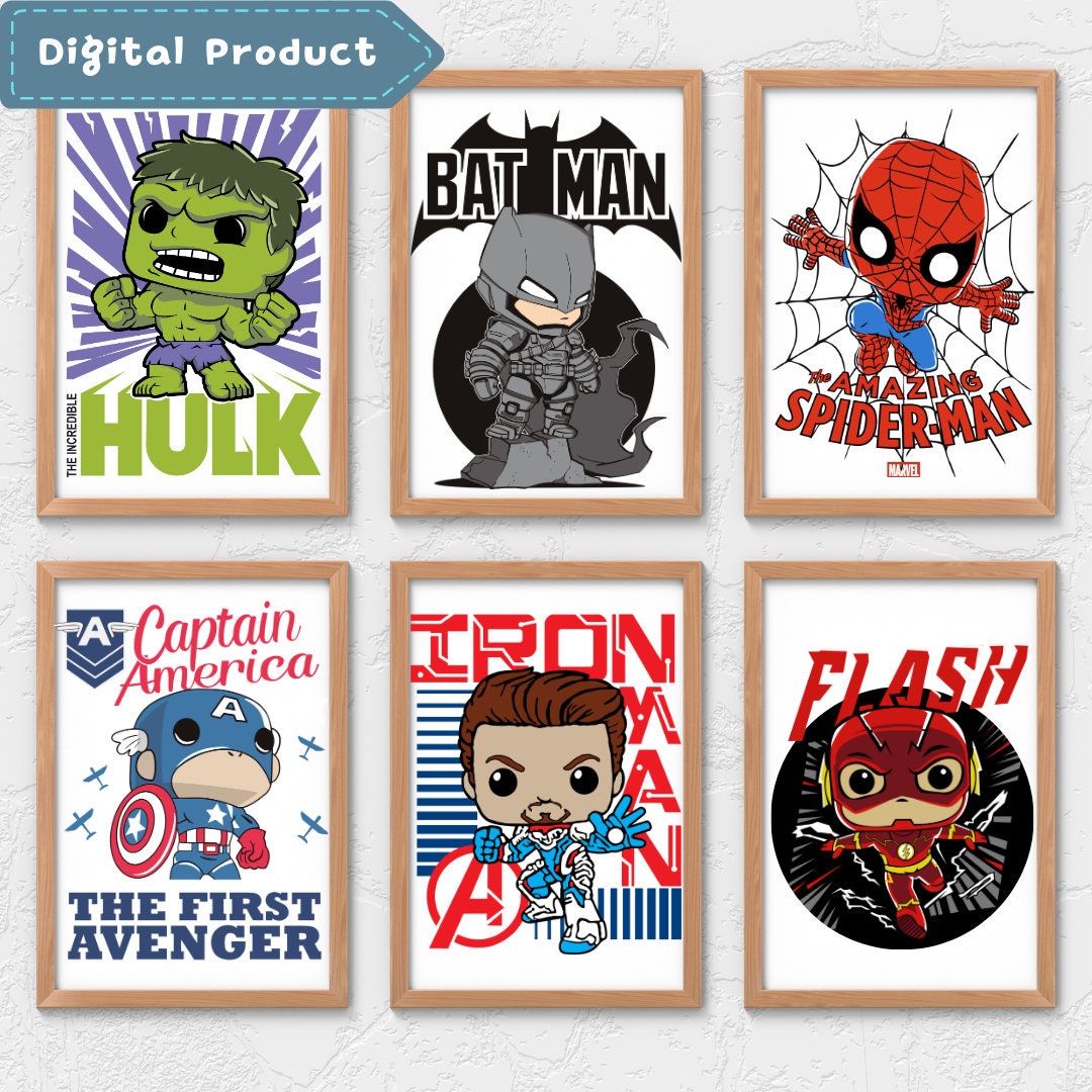 SUPERHERO POSTERS Nursery Wall Art Set of 6, Boys Room, Colorful Kids ...