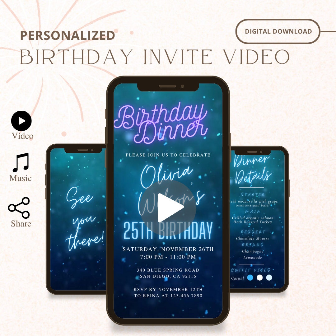 Digital Animated Birthday Dinner Invitation, Blue Glam Glitter Evite ...